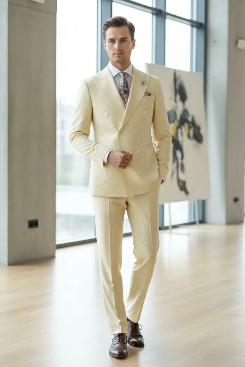 Modern Cream 2026 Double Breasted Linen Suit with a Slim Fit | Wehilion®