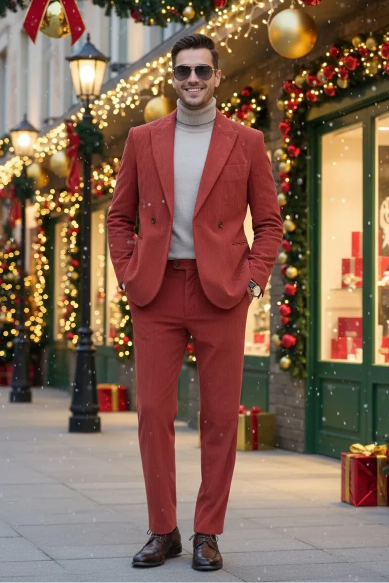 Men’s Red Corduroy 2-Piece Suit – Slim Winter Formalwear | Wehilion®
