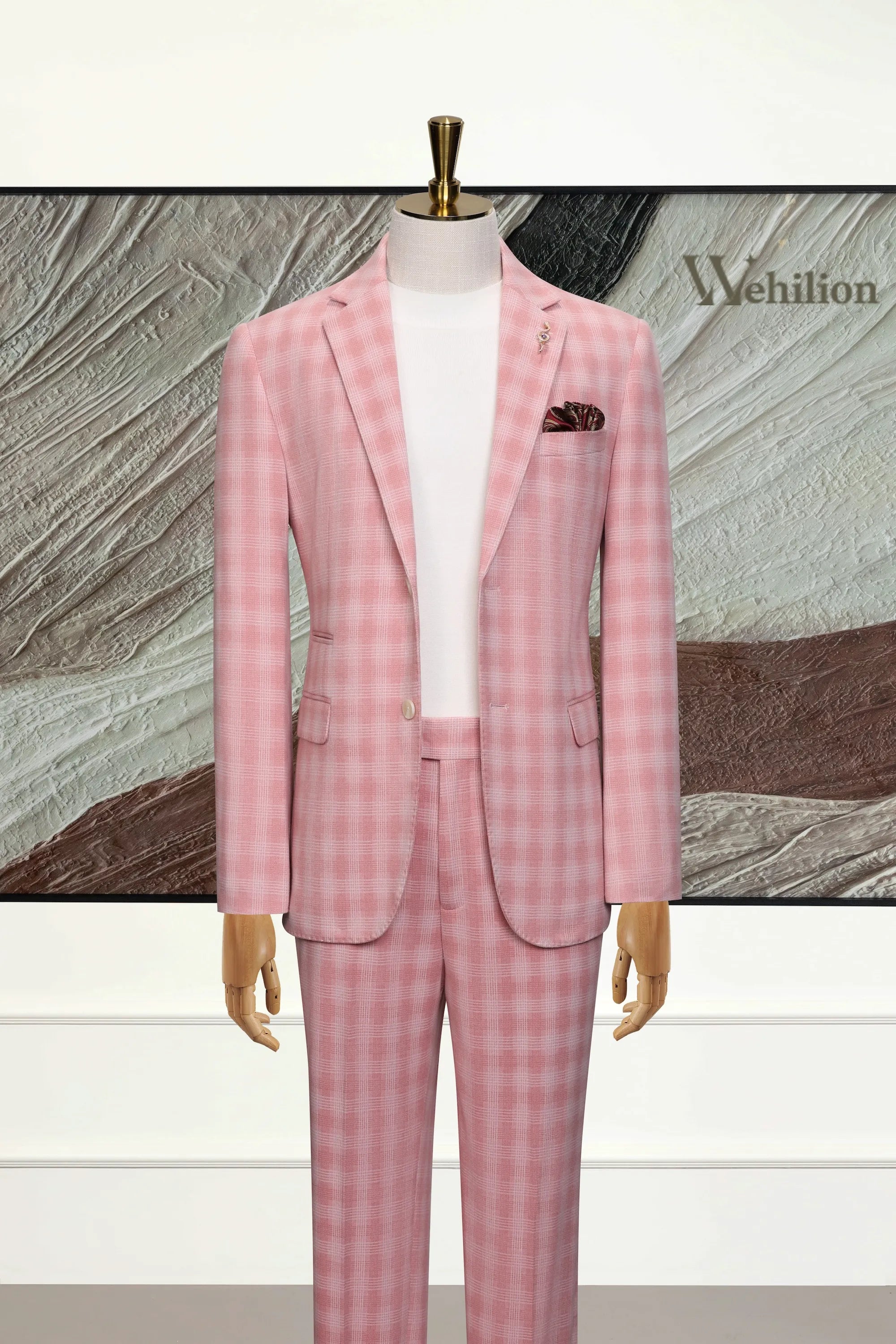 Men's Pink Checkered Suit | Wool Blend & Slim Fit | Wehilion