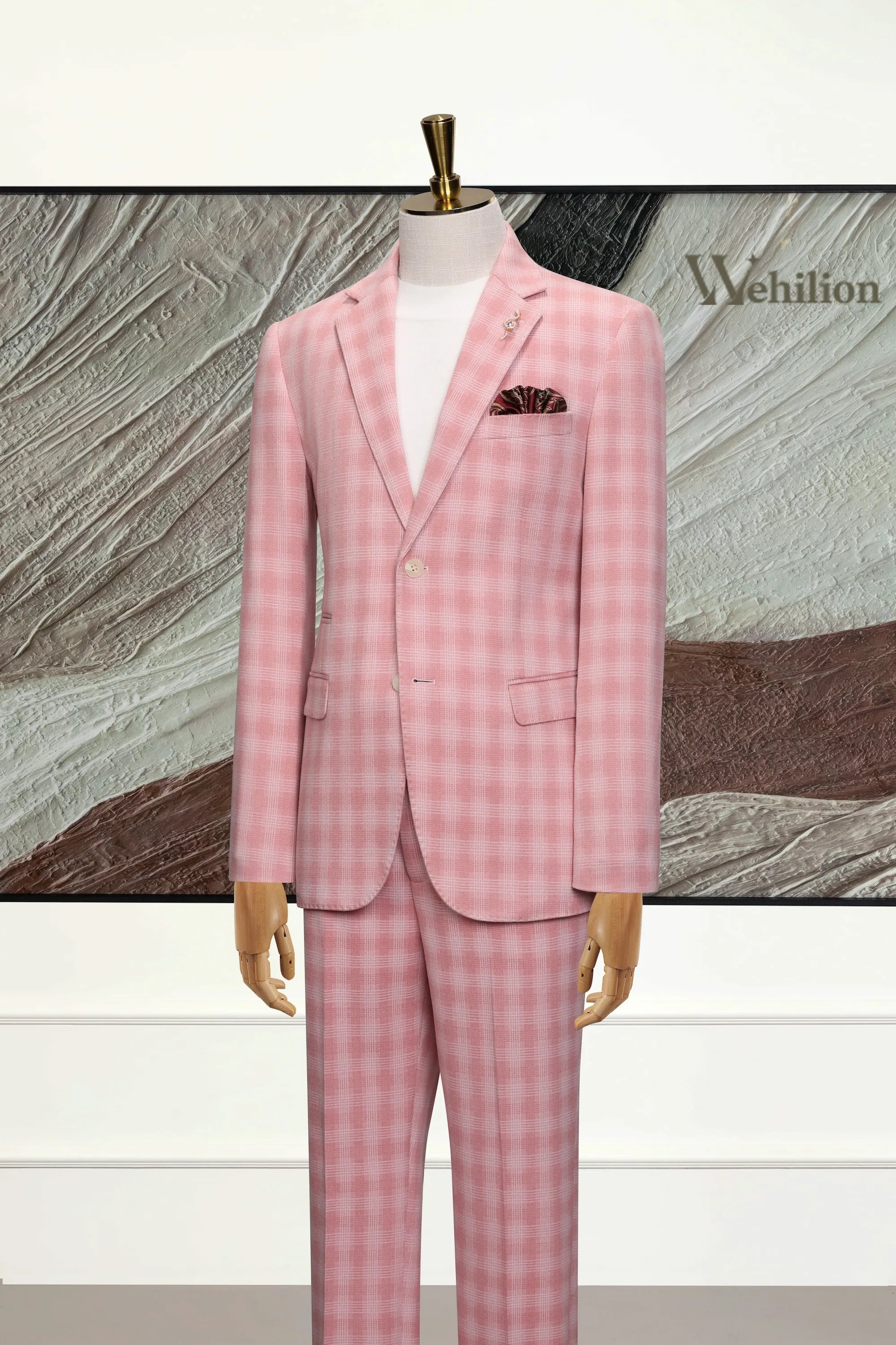Men's Pink Checkered Suit | Wool Blend & Slim Fit | Wehilion