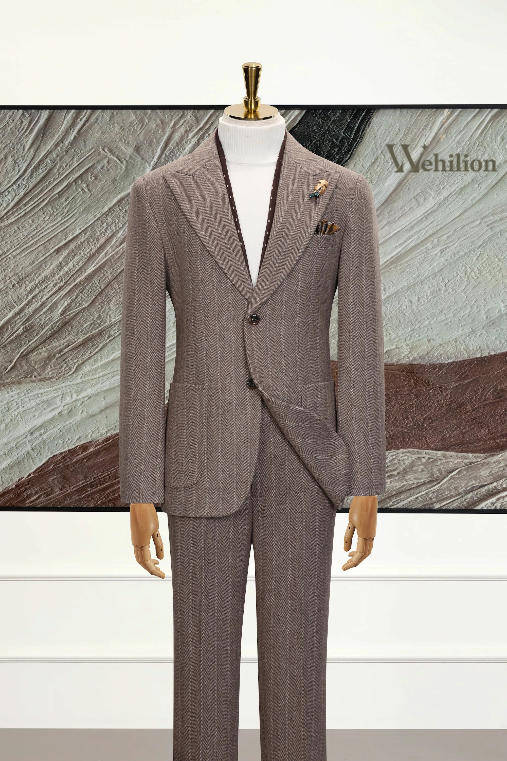 Men's Brown Stripe Wool Suit | Single-Breasted & Tailored Fit | | Wehilion®